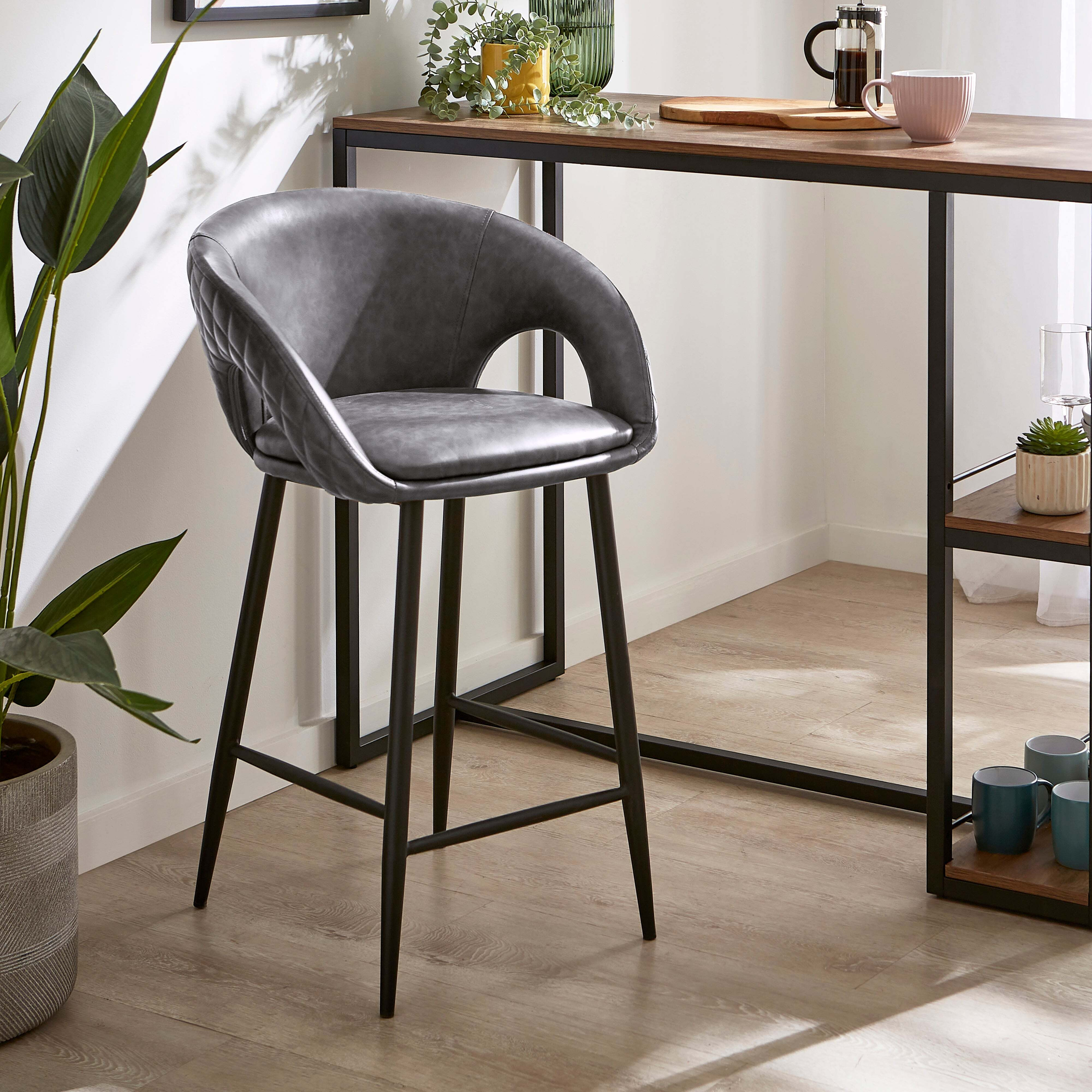 Dillon Bar Stool, Faux Leather Faux Leather Grey by Dunelm | ufurnish.com
