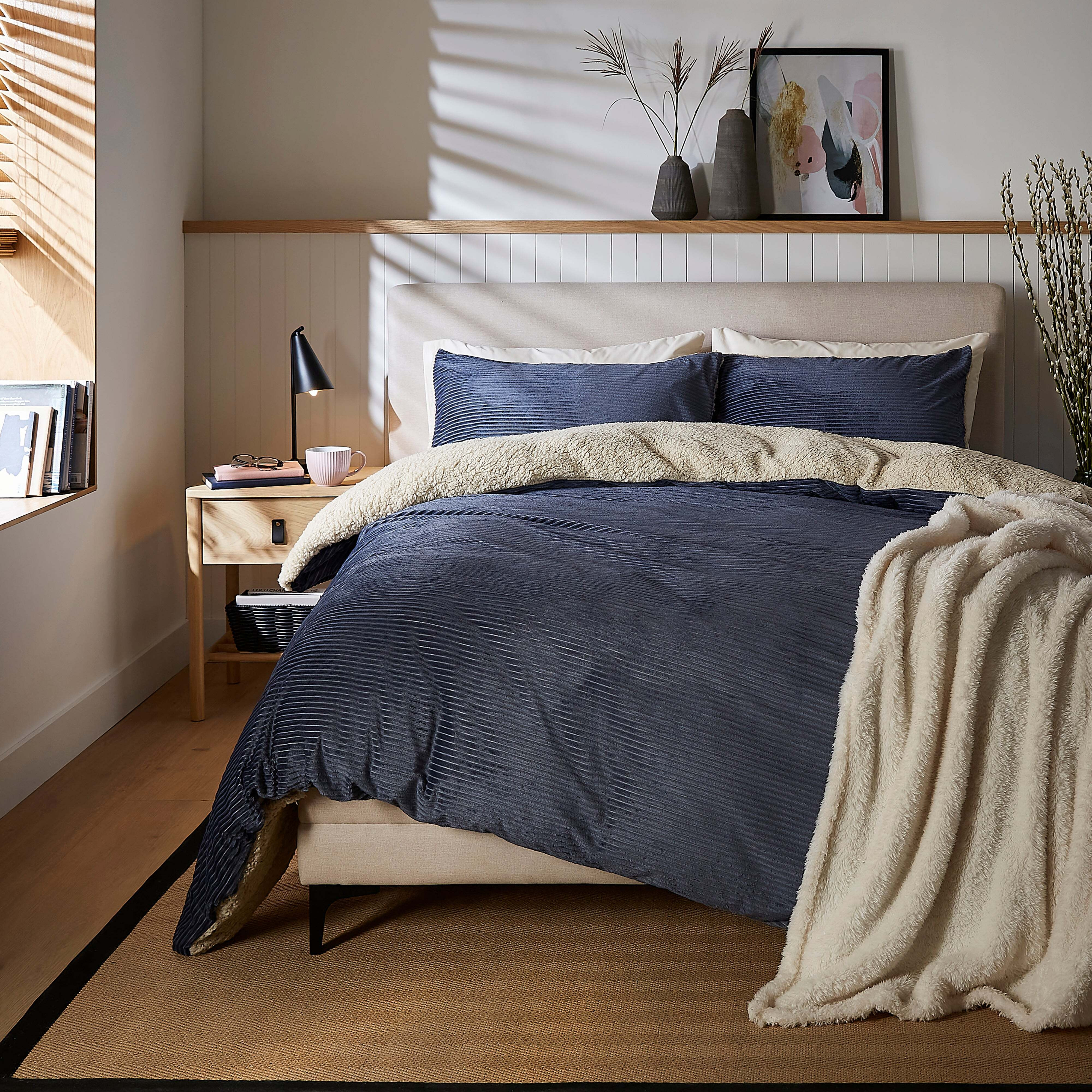 Dunelm Blue Cosy Cord Sherpa Stripe Duvet Cover & Pillowcase Set, Size ...