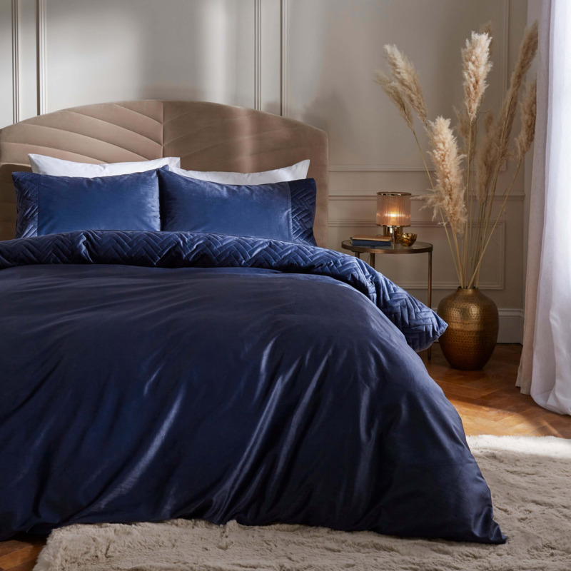 Dunelm Cotton Navy Blue Hallie Pinsonic Velvet Duvet Cover and ...