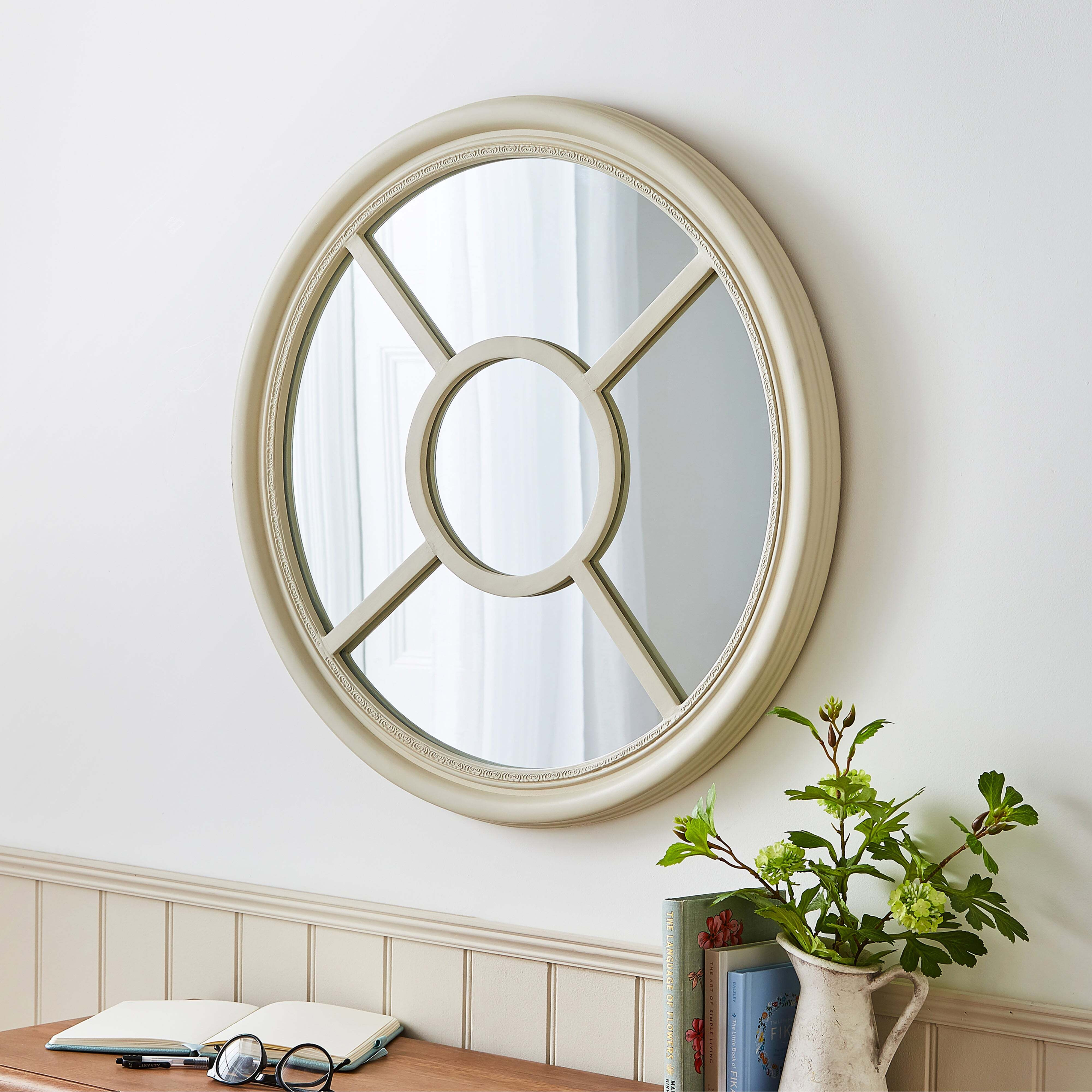 Sandstone Washed Window Round Wall Mirror Beige by Dunelm | ufurnish.com