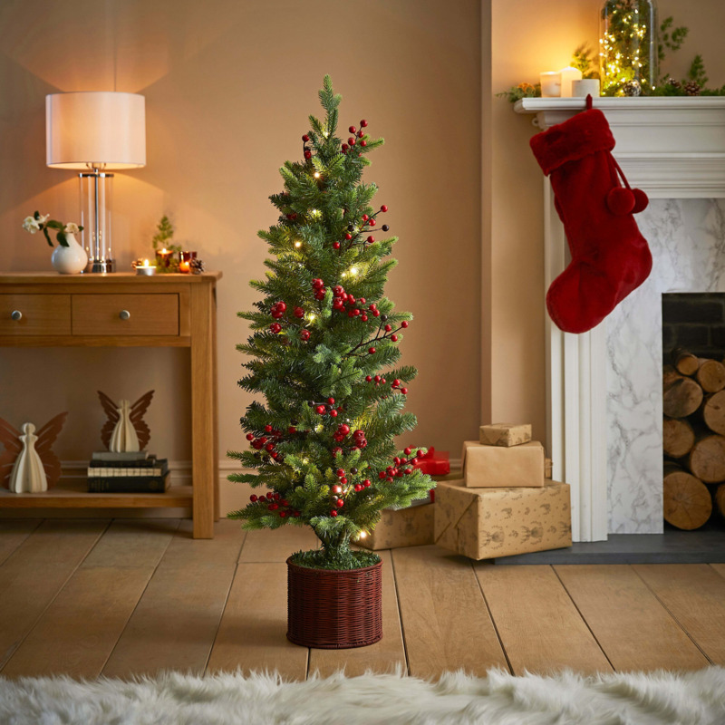 4ft Pre-Lit Traditional Slim Christmas Tree with Red Berries Green by ...