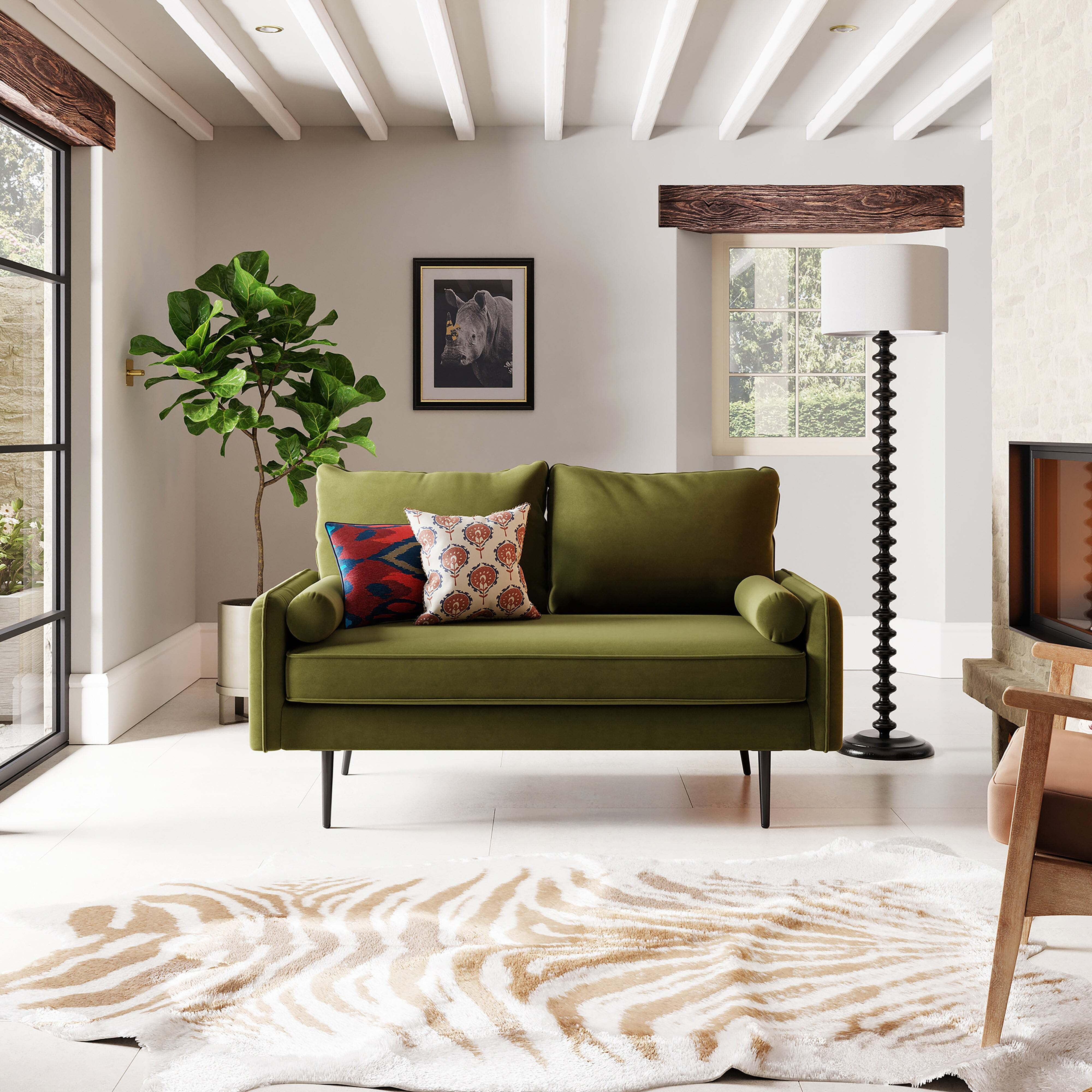 Cassie Velvet 2 Seater Sofa Olive (Green) by Dunelm | ufurnish.com