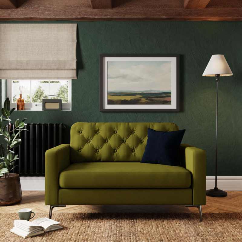Jacob Velvet Buttoned Compact 2 Seater Sofa Olive by Dunelm | ufurnish.com