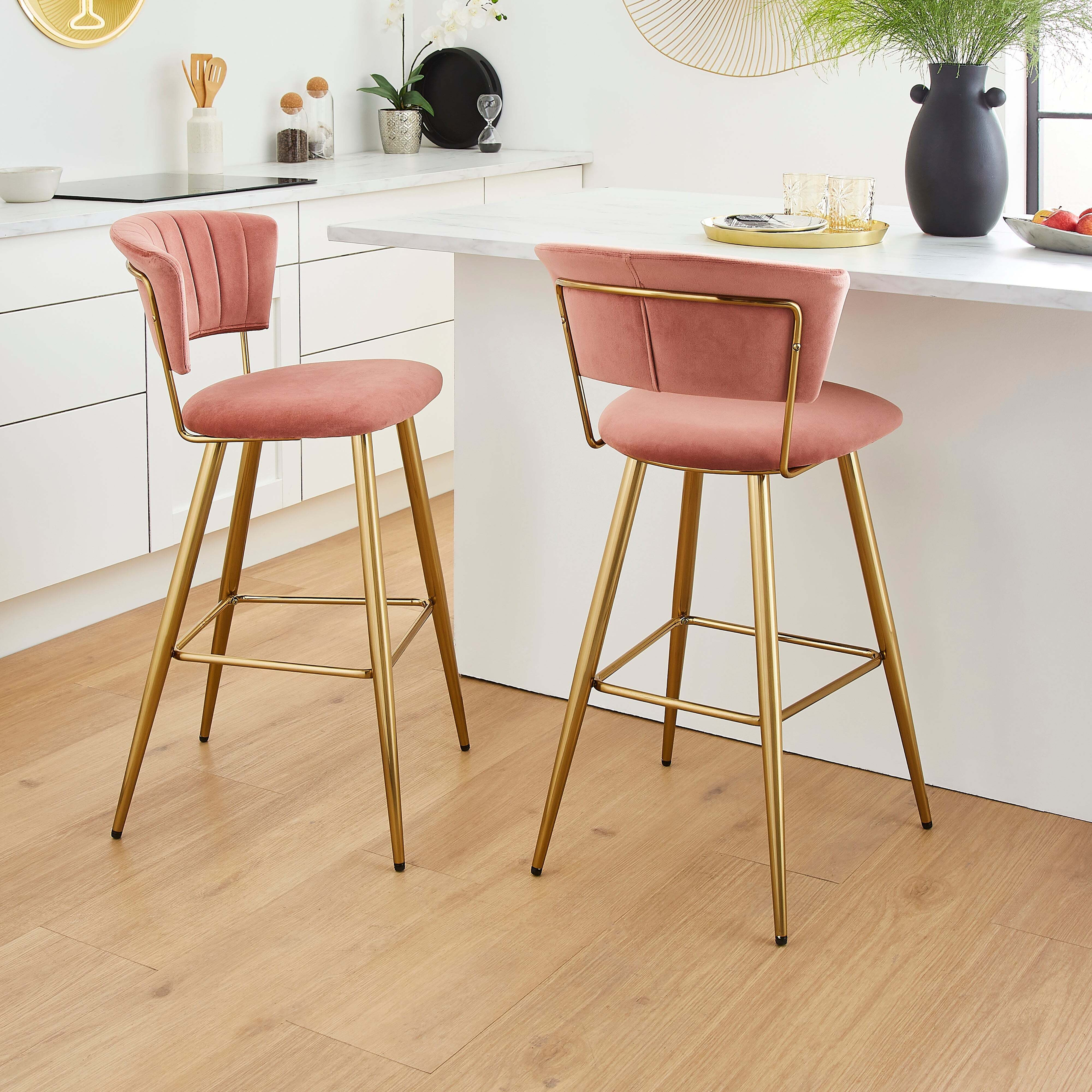 Kendall Bar Stool, Velvet Kendall Pink by Dunelm | ufurnish.com