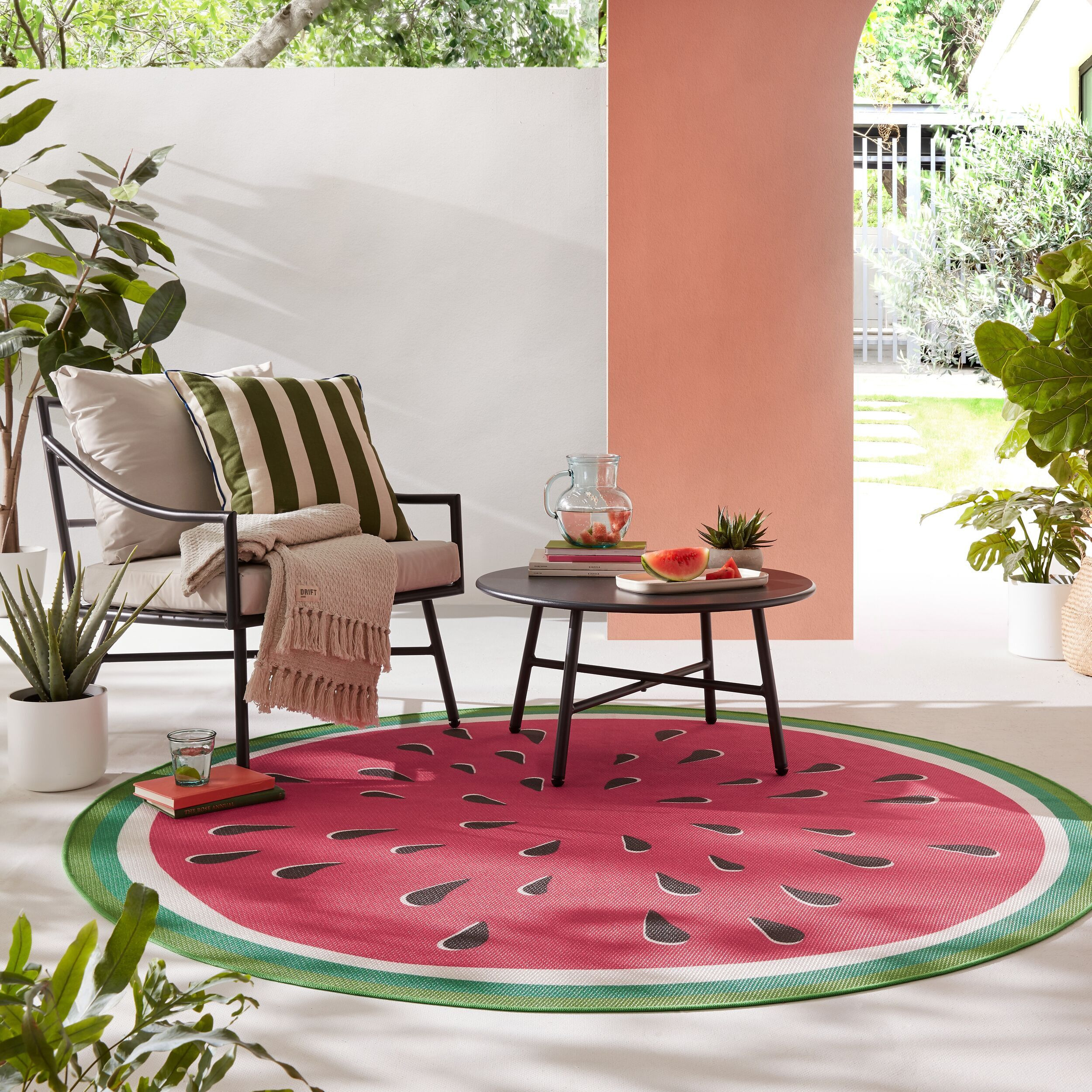 Watermelon Recycled Round Indoor Outdoor Rug Red/Green/Black by Dunelm ...