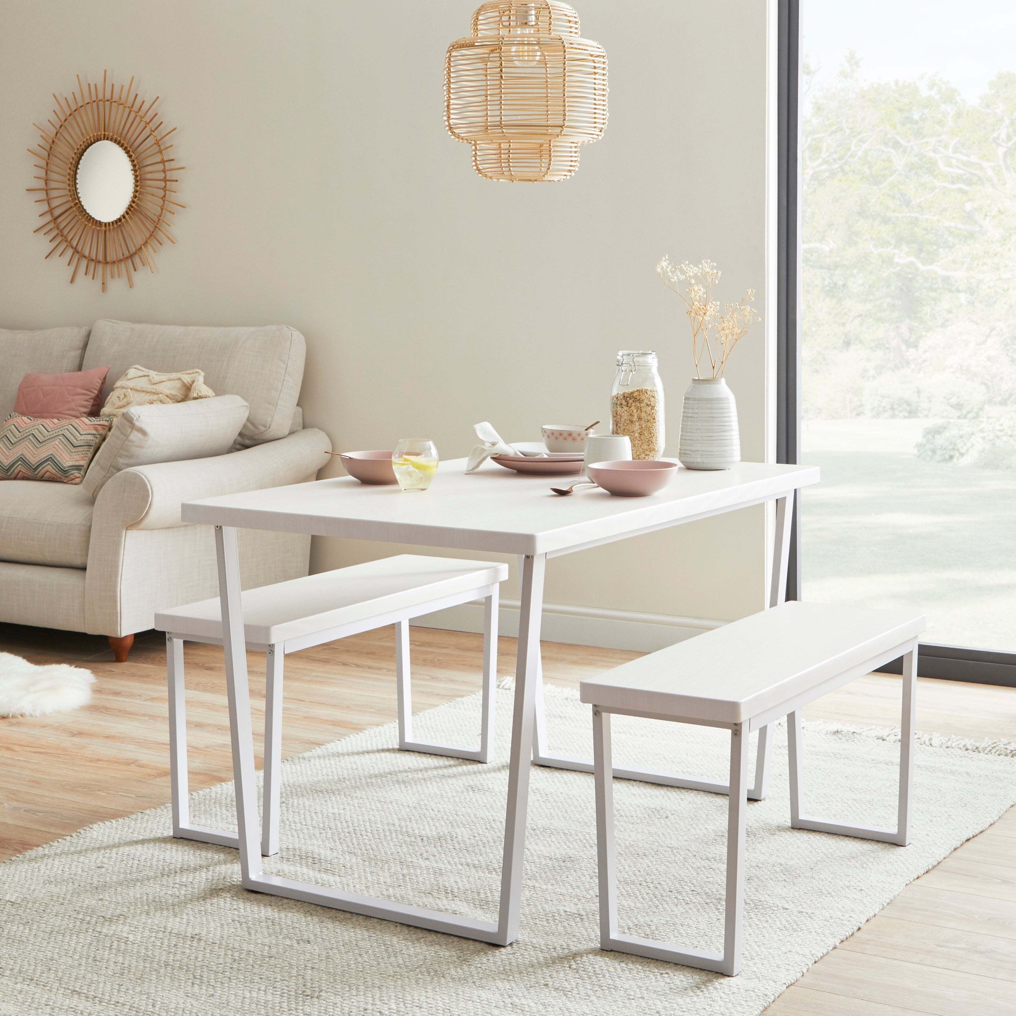 Vixen Rectangular Dining Table with 2 Benches, White White by Dunelm ...