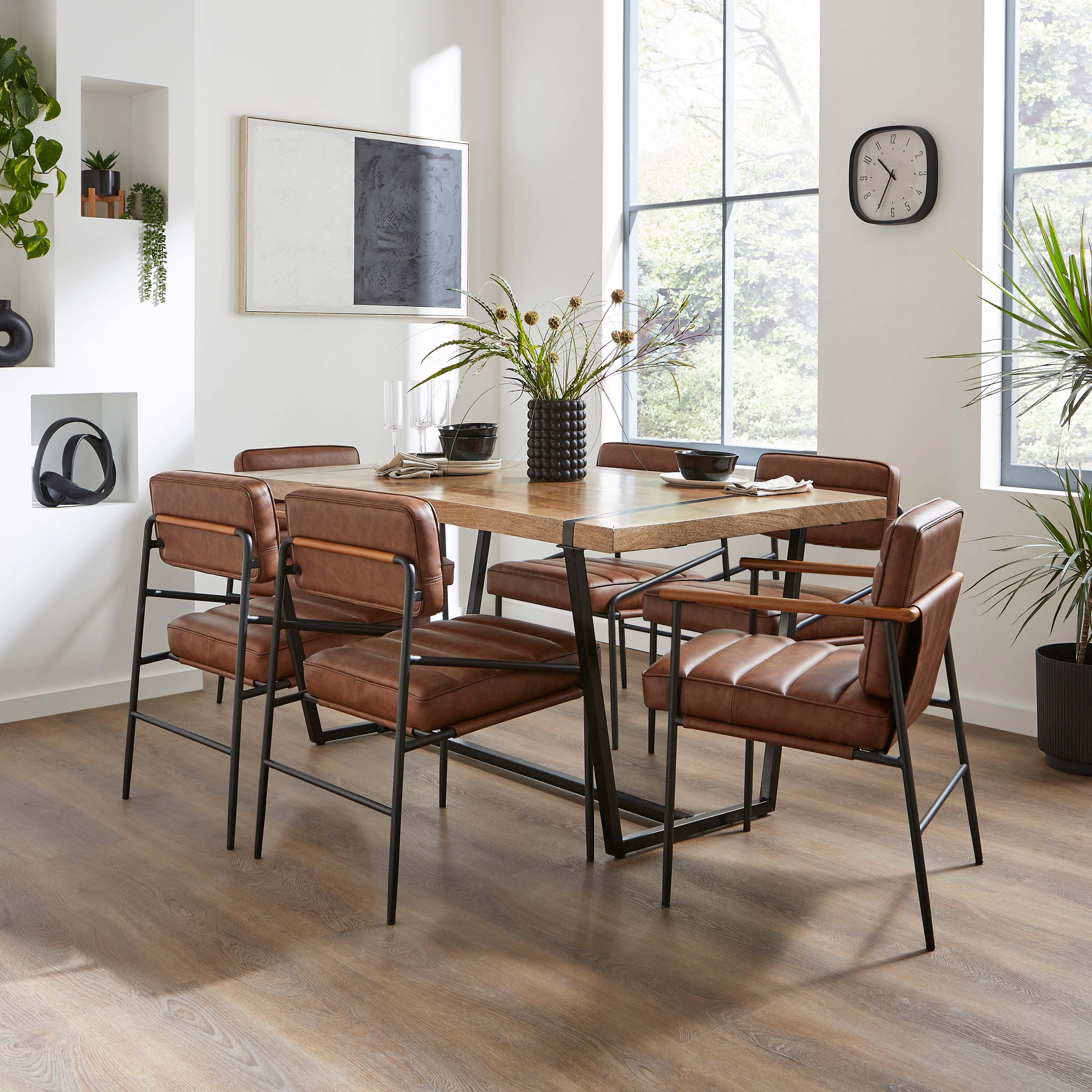 Rayner Rectangular Dining Table with Bude Brown Faux Leather Dining & Carver Chairs by Dunelm ...