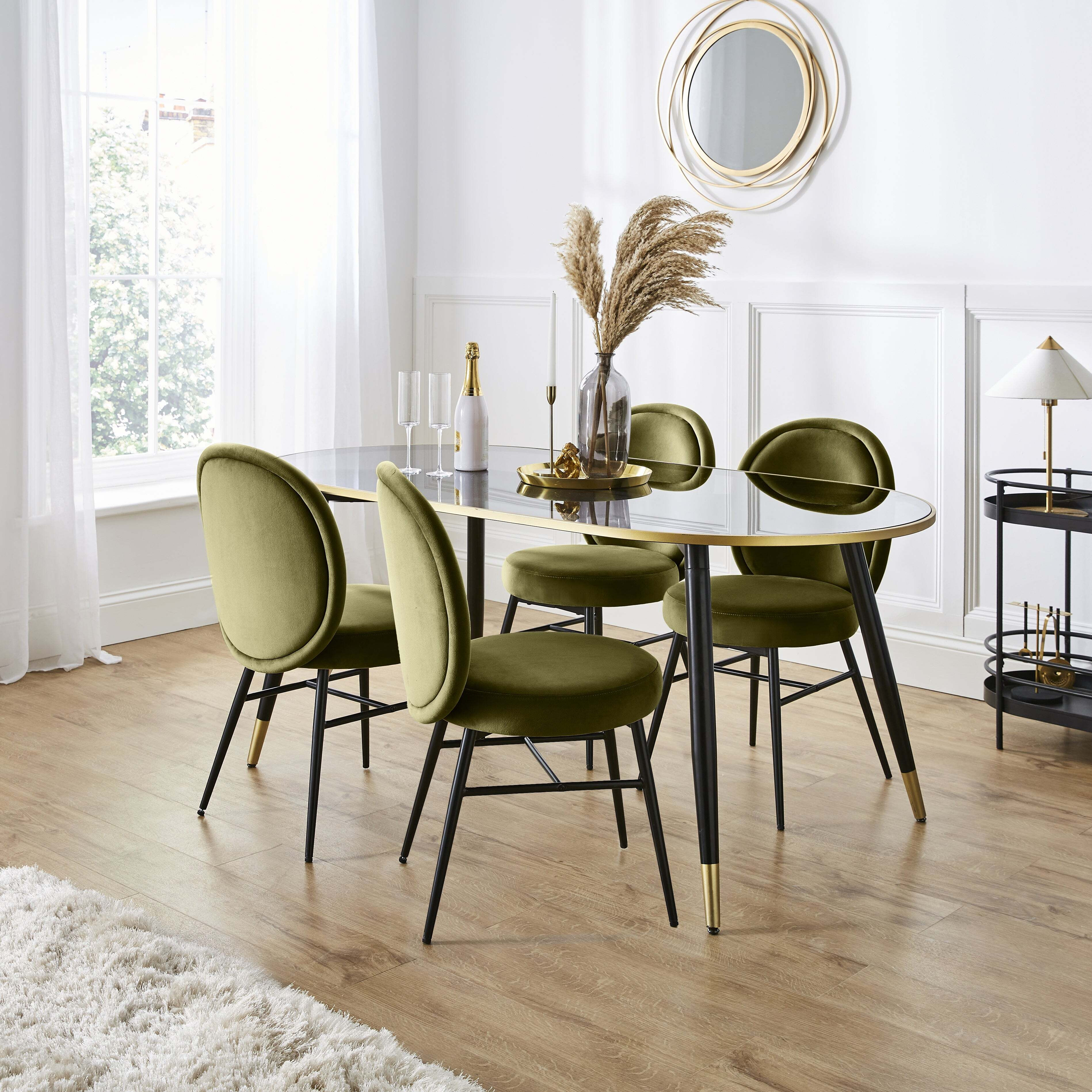 Sylvia Oval Dining Table with Renata Olive Velvet Dining Chairs by ...