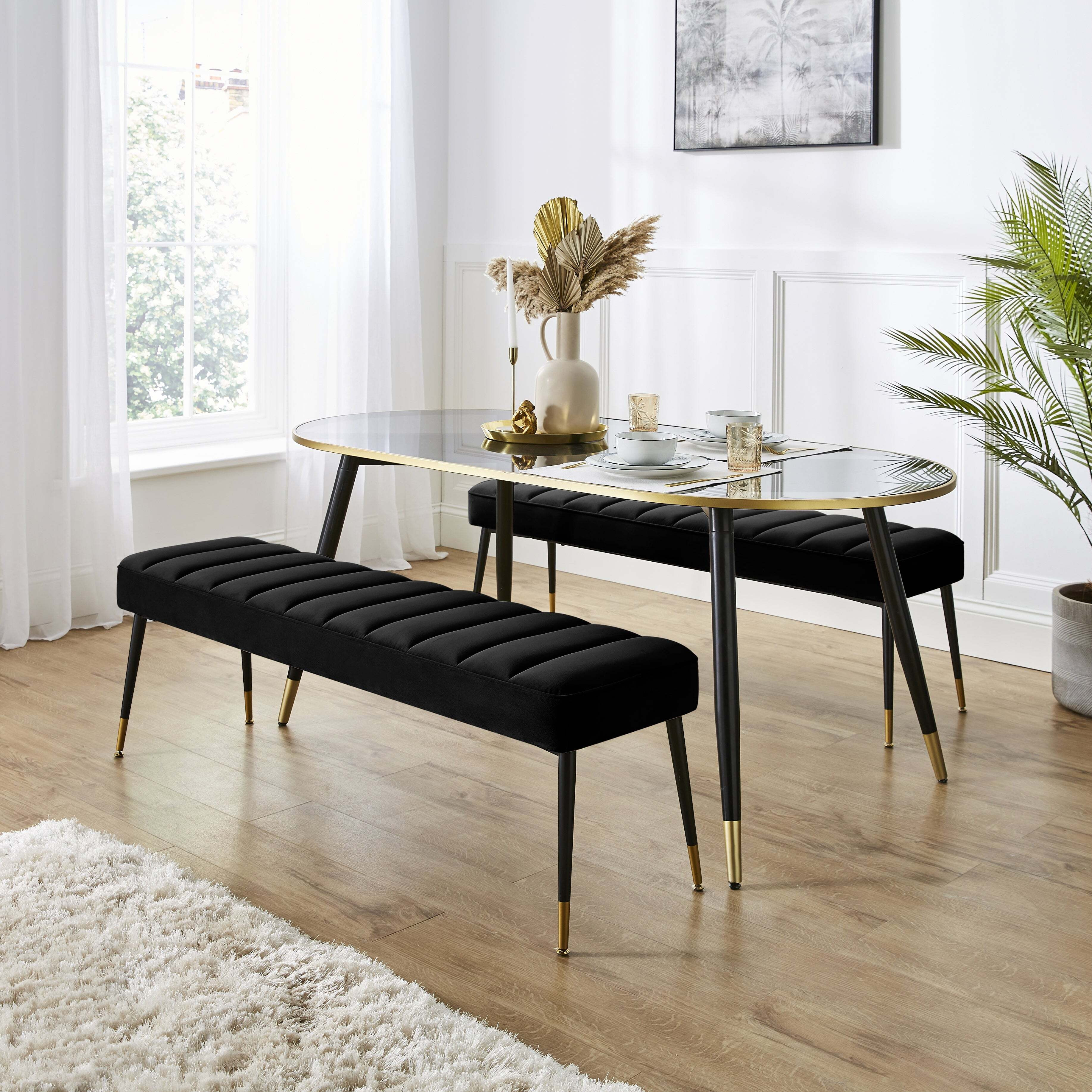 Sylvia Oval Dining Table with Sylvia Black Velvet Dining Benches by ...
