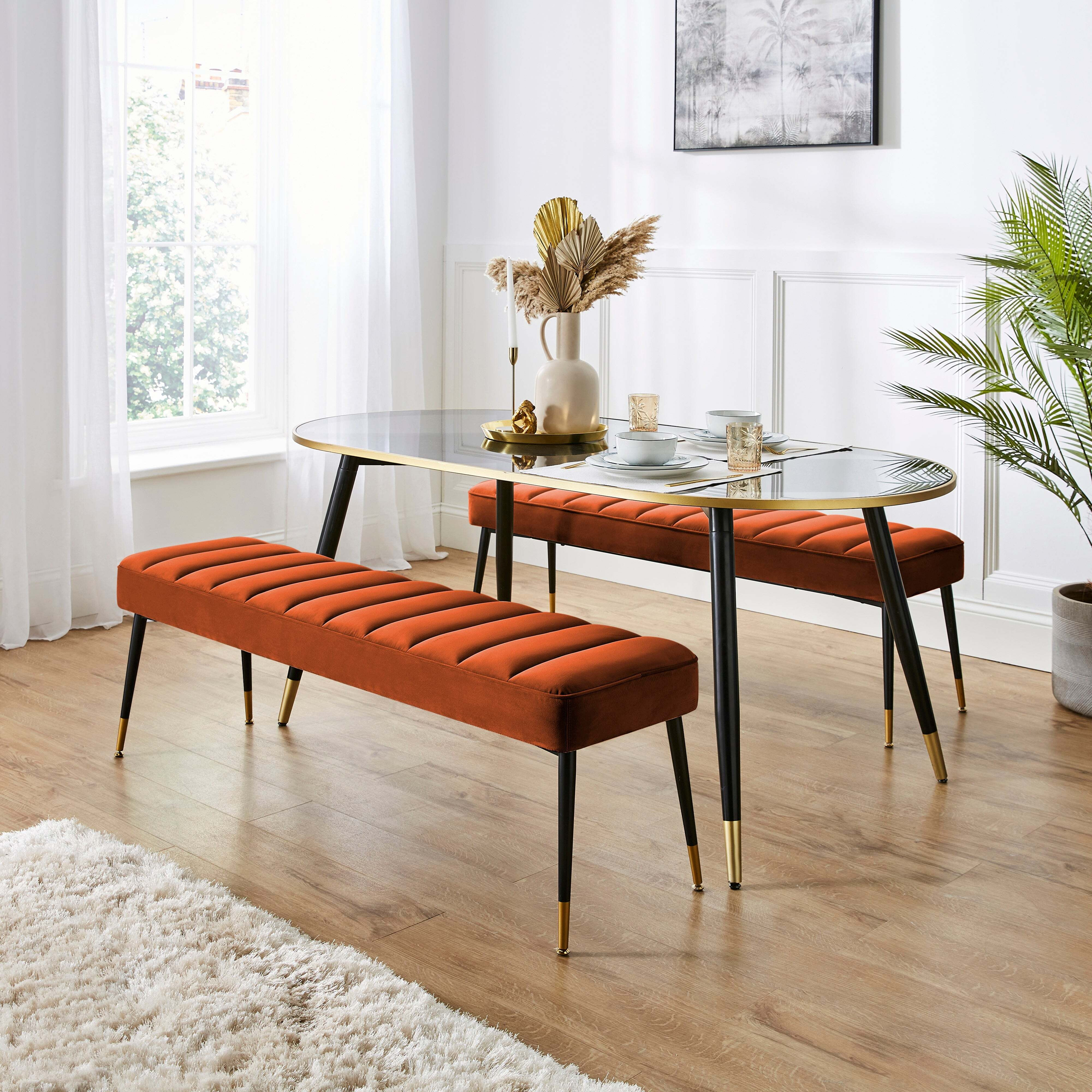 Sylvia Oval Dining Table with Sylvia Burnt Orange Velvet Dining Benches ...