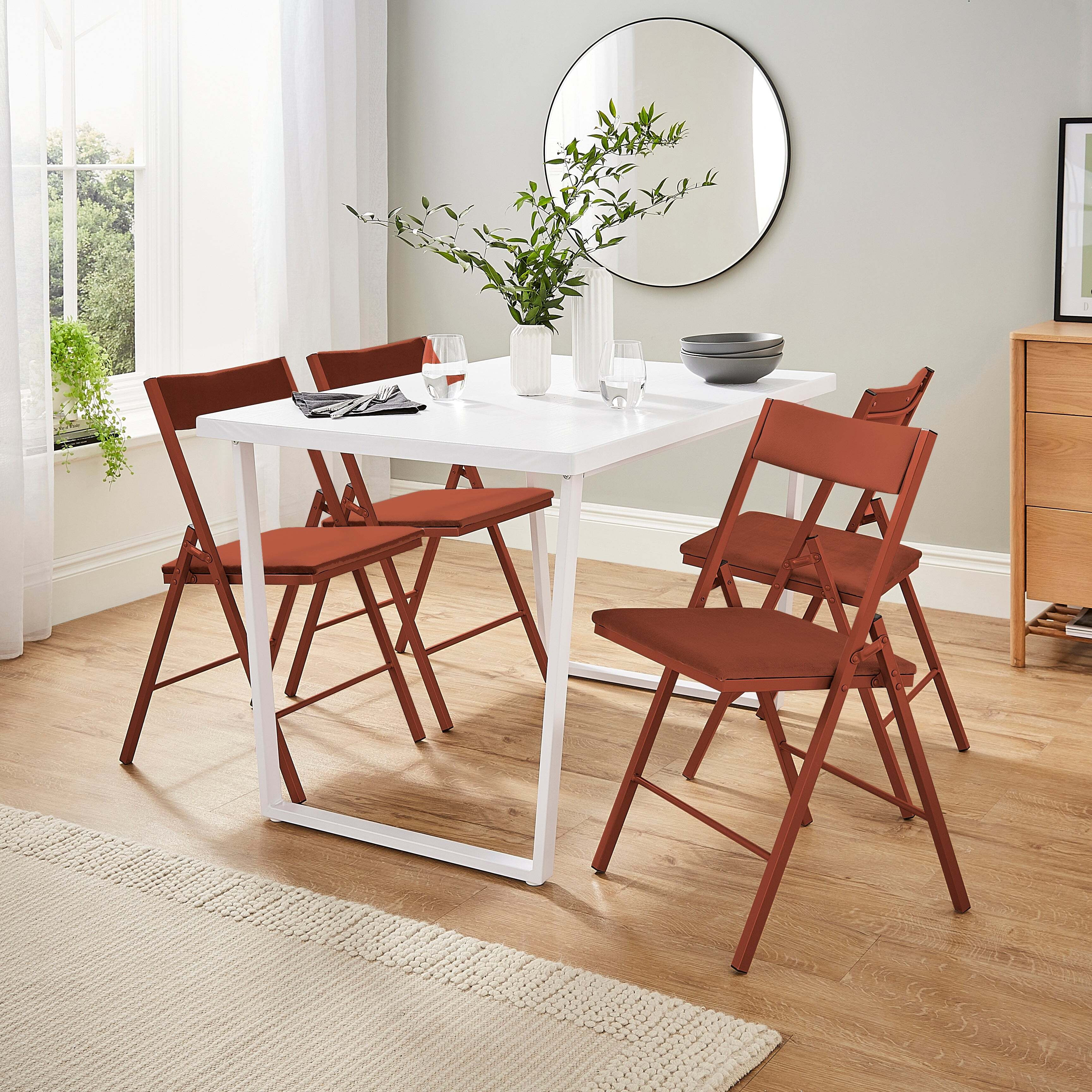 Vixen Rectangular Dining Table with Emily Orange Umber Velvet Folding Dining Chairs by Dunelm ...