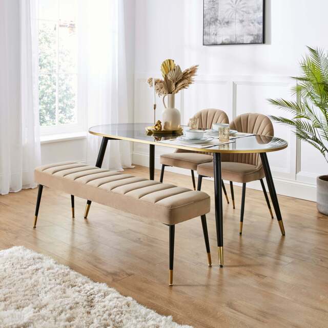 Sylvia Oval Dining Table with Sylvia Mink Velvet Dining Bench & Chairs ...