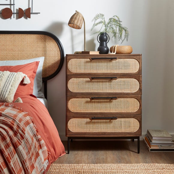Mila 4 Drawer Chest, Dark Mango Wood and Rattan by Dunelm | ufurnish.com