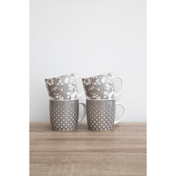 Kitchencraft Set of 4 Floral Polka Dot Grey Stoneware Mugs by Dunelm ...