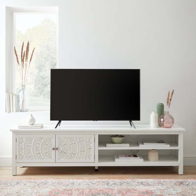 Samira Extra Wide White TV Unit White by Dunelm | ufurnish.com