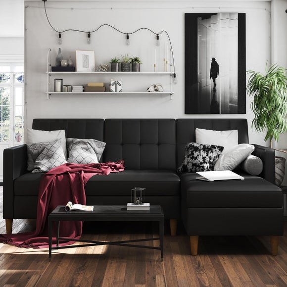 Hartford Faux Leather Black Corner Double Sofa Bed by Dunelm | ufurnish.com