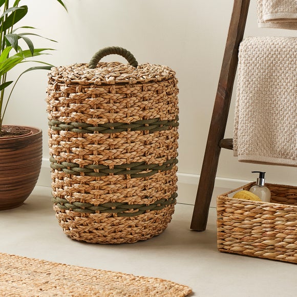 Rope Olive Green Stripe Rush Laundry Basket by Dunelm | ufurnish.com