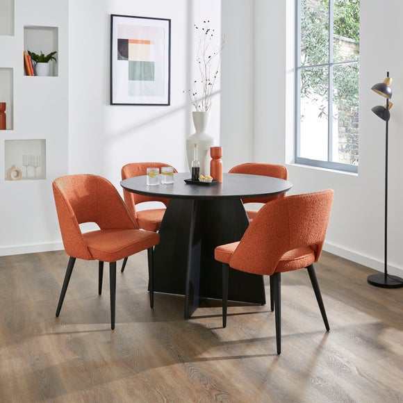 Effy 4 Seater Round Dining Table with 4 Lillia Orange Umber Boucle Dining Chairs by Dunelm ...
