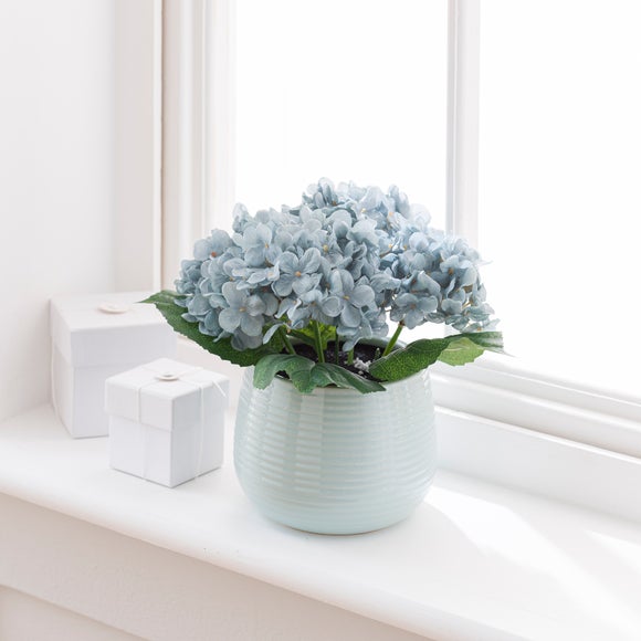 Artificial Teal Hydrangeas in Ceramic Plant Pot by Dunelm | ufurnish.com