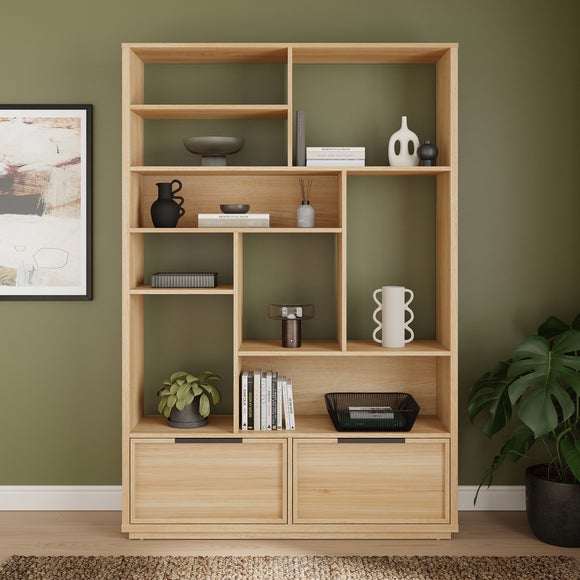 Hardy Wide Bookcase with 2 Drawers, Oak Effect by Dunelm | uFurnish.com