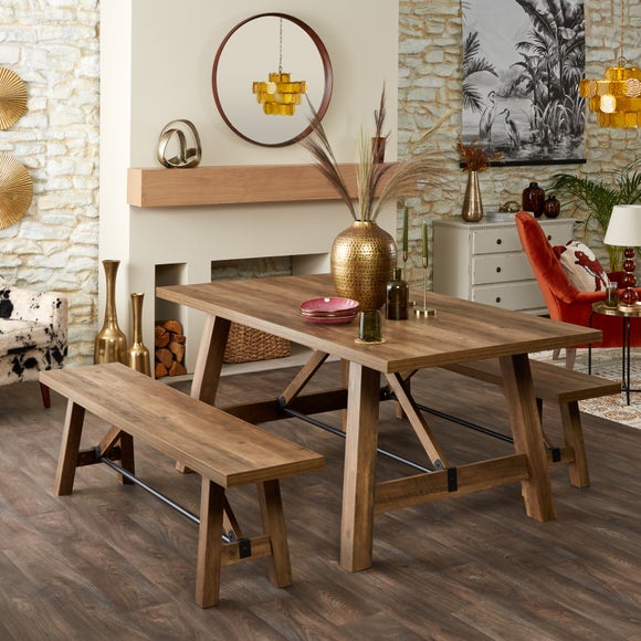 Fulton Trestle Dining Table & Bench Set by Dunelm | ufurnish.com