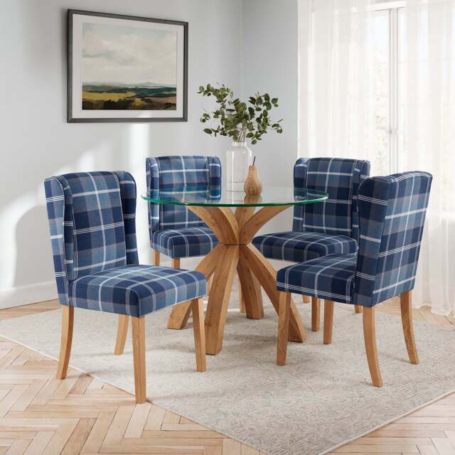 Xavi Round Dining Table with 4 Oswald Navy Country Check Dining Chairs ...