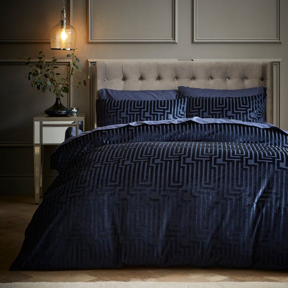 Leonara Deco Velvet Navy Duvet Cover and Pillowcase Set by Dunelm ...