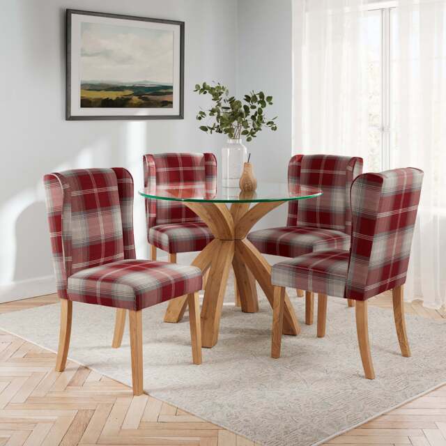 Xavi Round Dining Table with 4 Oswald Red Country Check Dining Chairs ...