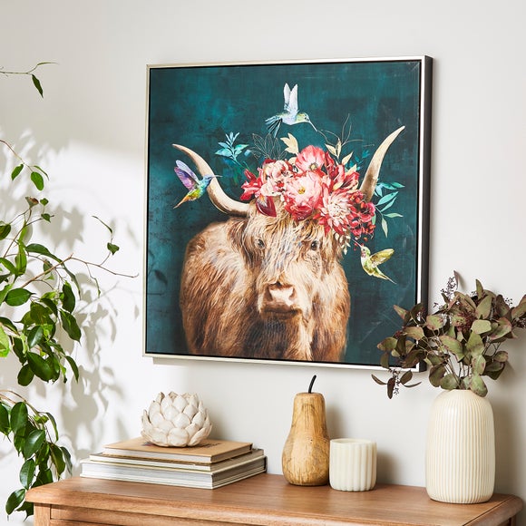 Floral Highland Cow Framed Canvas by Dunelm | ufurnish.com