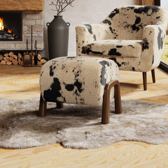 Curved Cow Fur Wooden Accent Stool by Dunelm | ufurnish.com
