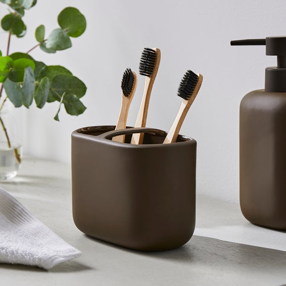 Chocolate Ceramic Double Toothbrush Holder by Dunelm | ufurnish.com