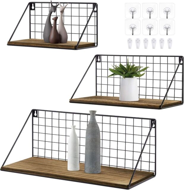 Firbon Floating Shelves Wall Mounted Set Of 3, Rustic Metal Wire Grid ...