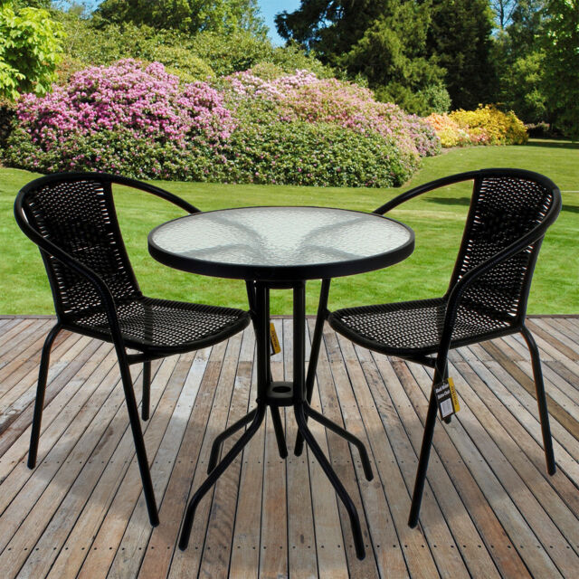 Rattan Glass Table Bistro Set 3 Piece Cafe Stacking Chair Garden by ...
