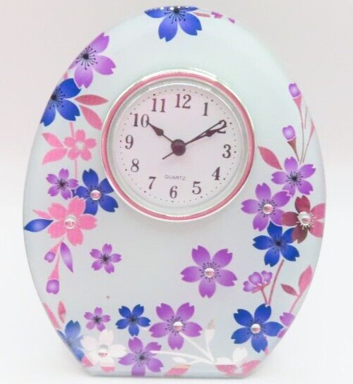 Blue & Purple Floral Blossom Clock Mantel Oval Glass 16 Cm Time Gift by ...