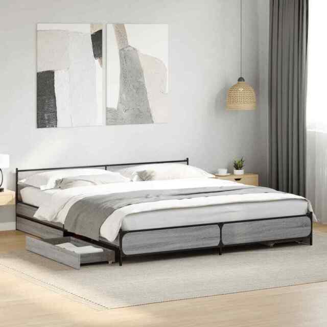 Modern Wooden Grey Sonoma Emperor Size 200cm Bed Frame With 4 Storage ...