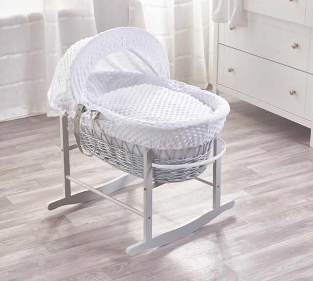White Dimple Grey Wicker Moses Basket With Grey Rocking Stand Bedding ...