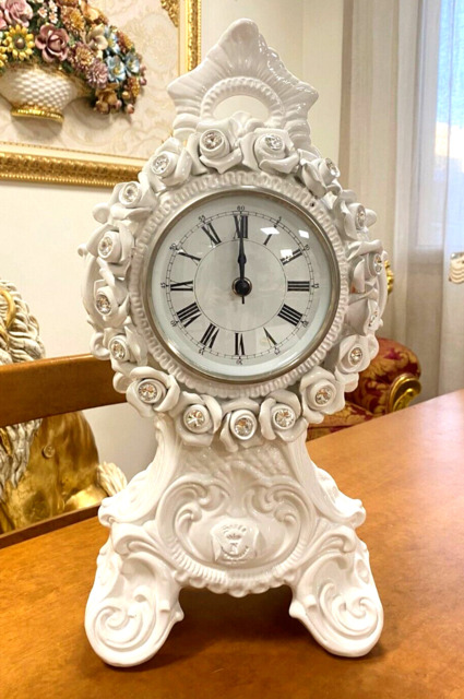 Table Clock In White Porcelain Capodimonte With Rose Flowers Swarovski ...