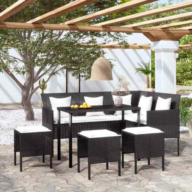L-shaped Couch Sofa Set 5 Piece With Cushions Poly Rattan Black Patio ...