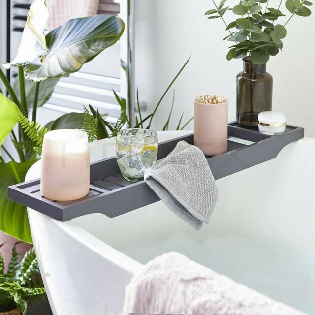 Grey Bamboo Wood Bath Tub Rack Bathroom Shelf Tidy Tray Storage Caddy ...