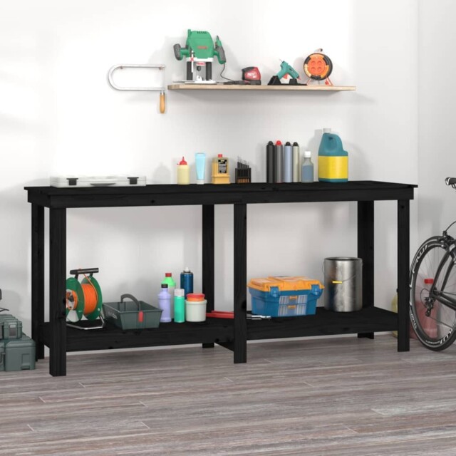 Solid Wood Pine Work Bench Black Working Table Wooden Storage Vidaxl by ...