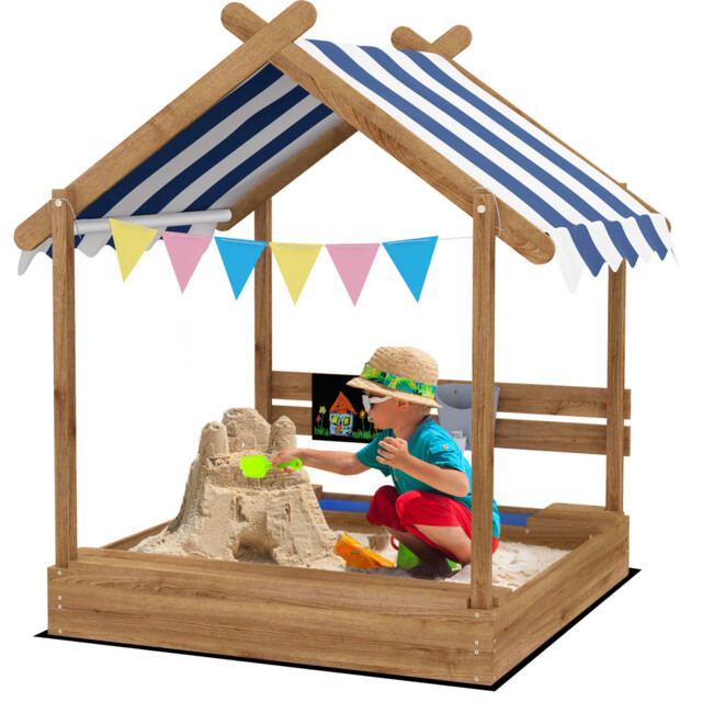 Brown Fir Wood Sandbox With Canopy, Blackboard, Toys, Seats For Kids by ...