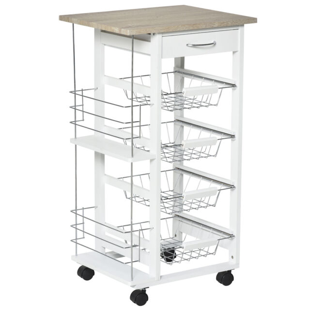 Kitchen Island Trolley 4 Baskets 2 Side Racks Drawer Wheels White by ...