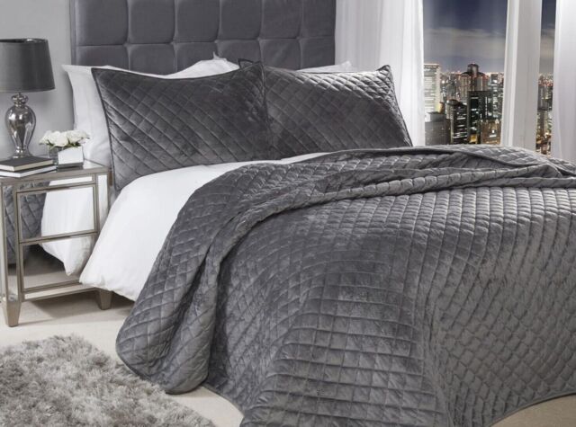 Quilted Velvet Bedspread Bed Throwover 2 Pillow Shams Silver Grey by eBay | ufurnish.com