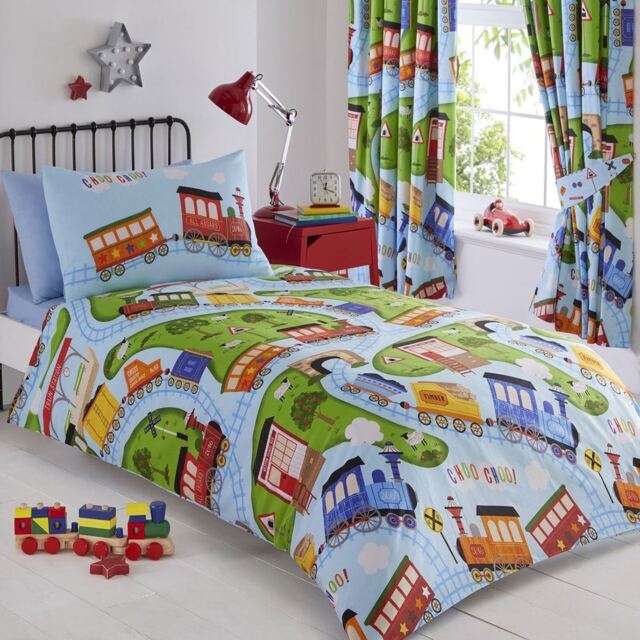 Trains & Tracks Single Duvet Cover Set Kids Bedroom Blue Bedding by ...