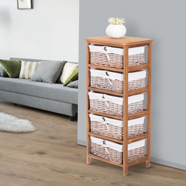Chic 5-drawer Wooden Storage Unit With Stylish Wicker Baskets - Ready ...