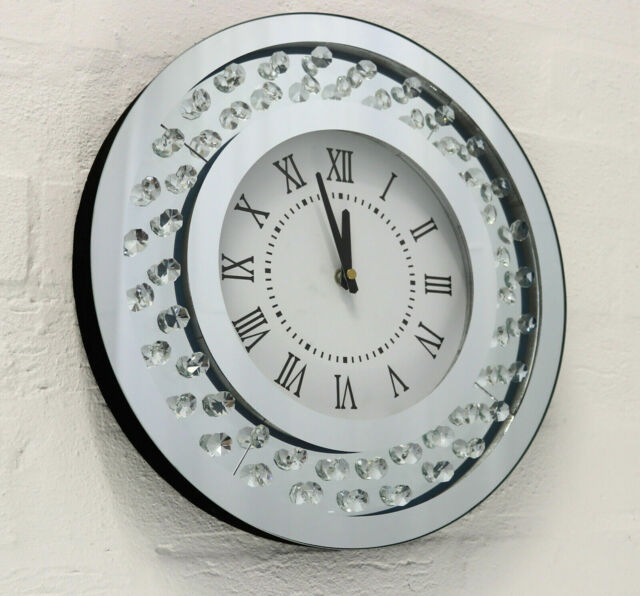 Modern Floating Crystals Bevelled Mirror Glass Round Wall Clock 35cm by ...