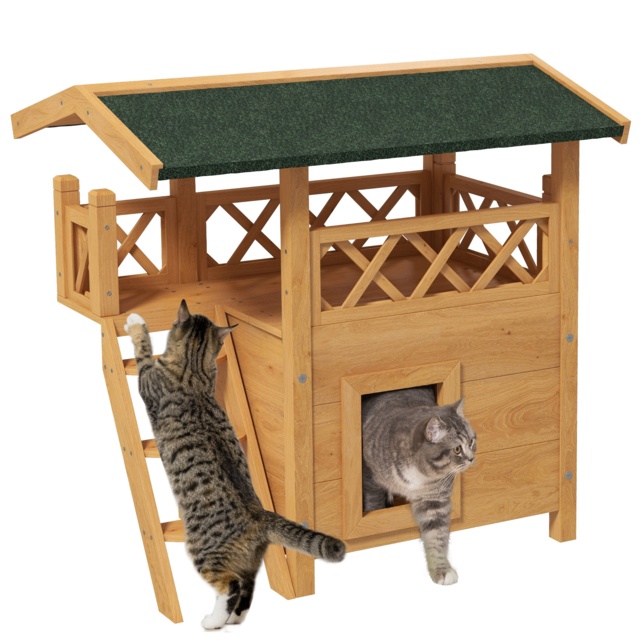 Outdoor Cat Kennel Pawhut Natural Wood Finish Green Fir Wood 77l X 50w ...