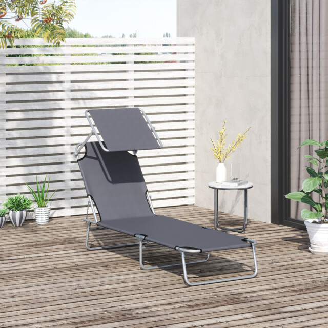 Grey Folding Sun Lounger Reclining Chair Seat Outdoor Sunshade Garden ...