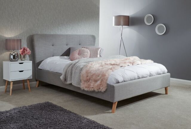Light Grey Wing Style 5ft King Size Fabric Bed Stylish Retro Design by ...