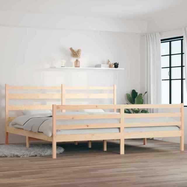 Brown Solid Pinewood Bed Frame 200x200 Cm With Headboard, Rustic Style ...